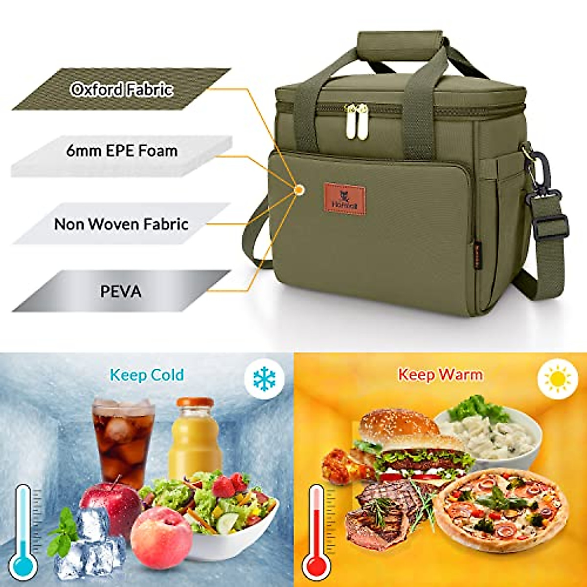 Hafmall Lunch Bag for Women Men, Wide Opening Insulated Lunch Box, Leakproof Lunch Tote Bag with Shoulder Strap, Reusable Lunch Bags for Adults for Work, Green