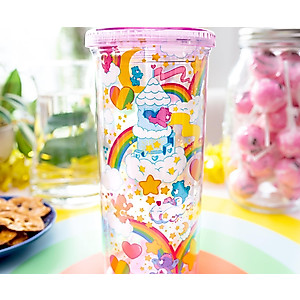 Silver Buffalo Care Bears Rainbow Stars Plastic Carnival Cup, Travel Tumbler With Lid and Reusable Straw | Holds 20 Ounces Yellow
