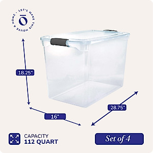 HOMZ 112 Quart Extra Large Rectangular Clear Plastic Storage Container Bins with Secure Latching Lid, Grey Latch, (4 Pack)