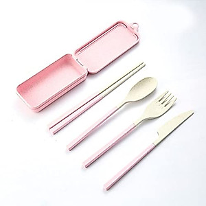 4pcs Portable Cutlery Set with Case - Reusable and Compact - Travel Cutlery Set - Chopsticks - School Lunch Box - Bento Box Accessories - Purse Accessories Women [1 case] (Pink)