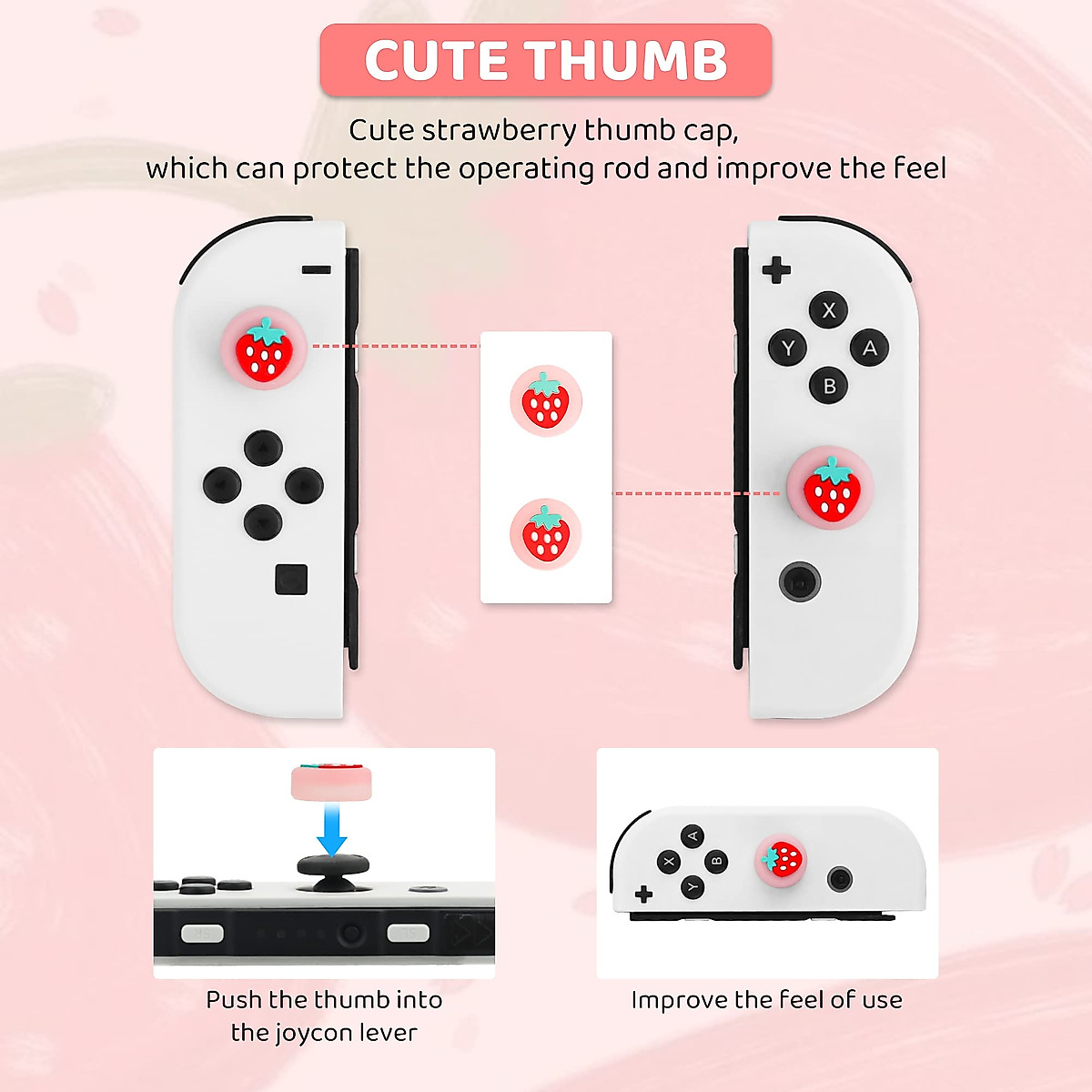 FUNDIARY Cute Strawberry Carrying Case for Nintendo Switch and Switch OLED, Cute Travel Accessories Bag for Switch and Switch OLED, Case with Adjustable Shoulder Strap and 2 Strawberry Thumb Caps