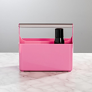 mDesign Plastic Shower Caddy Storage Organizer Utility Tote, Divided Basket Bin - Metal Handle for Bathroom, Dorm, Kitchen, Holds Soap, Shampoo, Conditioner - Aura Collection - Rose Pink/Satin