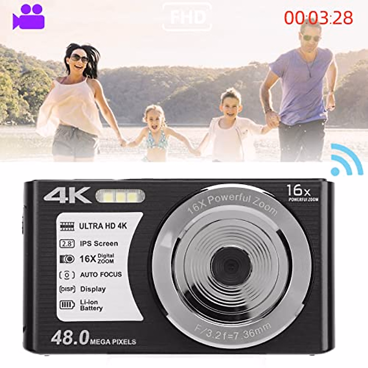 Digital Camera, Mini Digital Camera 2.8 Inch Screen 16X Digital Zoom for Beginners (Black)