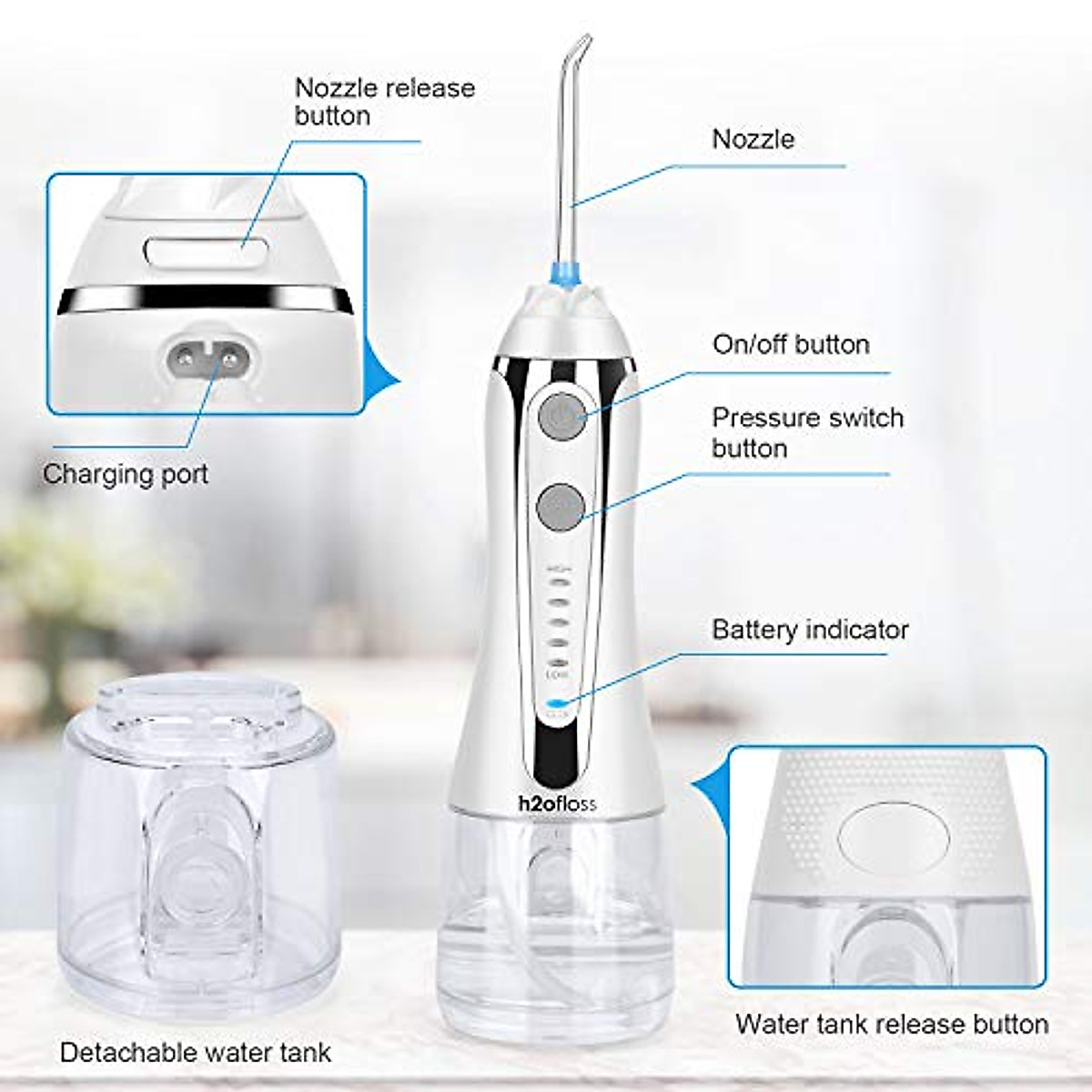 H2ofloss Cordless Water Dental Flosser, Portable Oral Irrigator for Teeth, Braces, Rechargeable & IPX7 Waterproof Teeth Cleaner for Home Travel