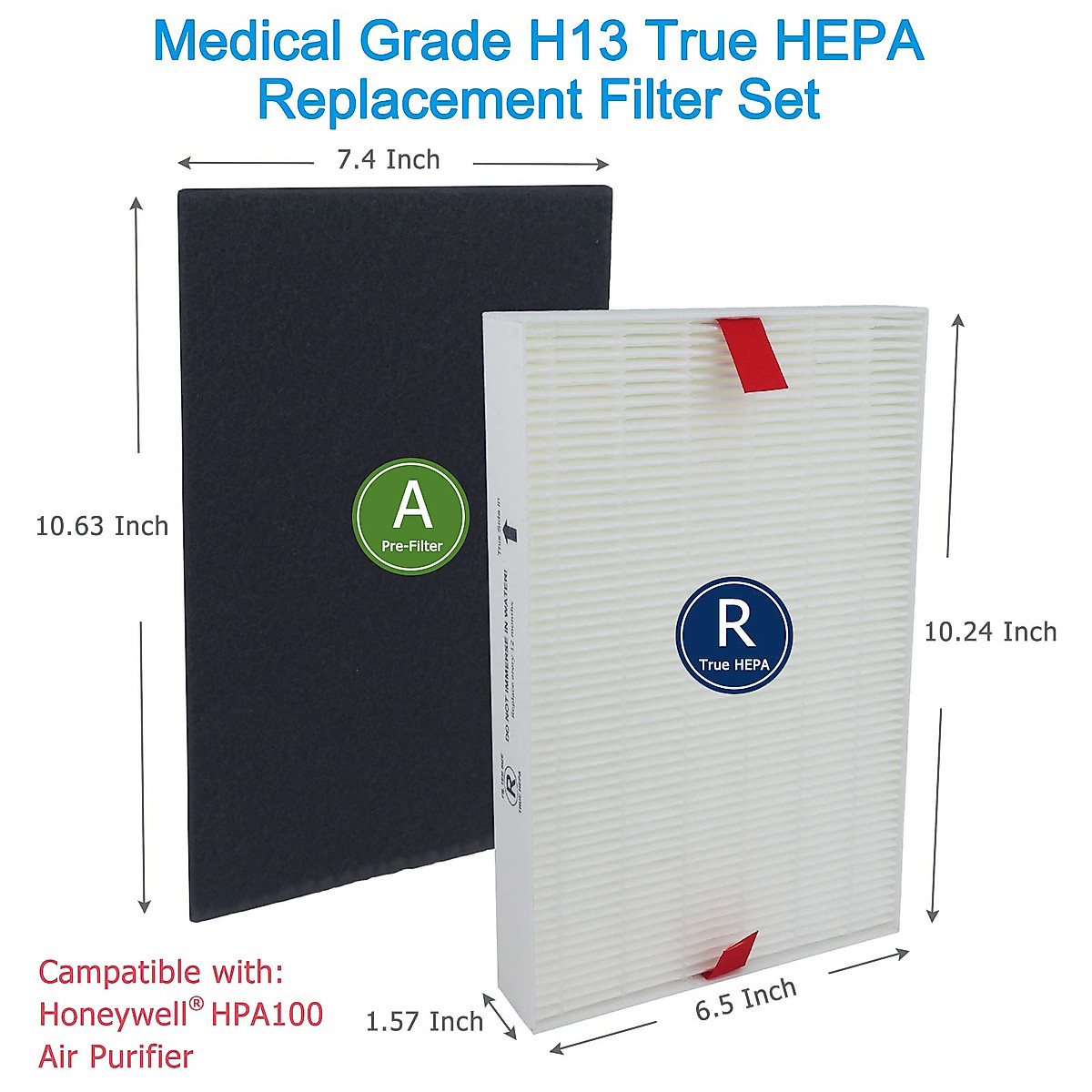 Flintar HPA100 H13 True HEPA Replacement Filter A/R Combo Pack, Compatible with Honeywell Air Purifier HPA100, HPA094, HPA3100, HPA5100 Series, True HEPA Filter R + 4 Pre-Cut Carbon Pre-Filter A