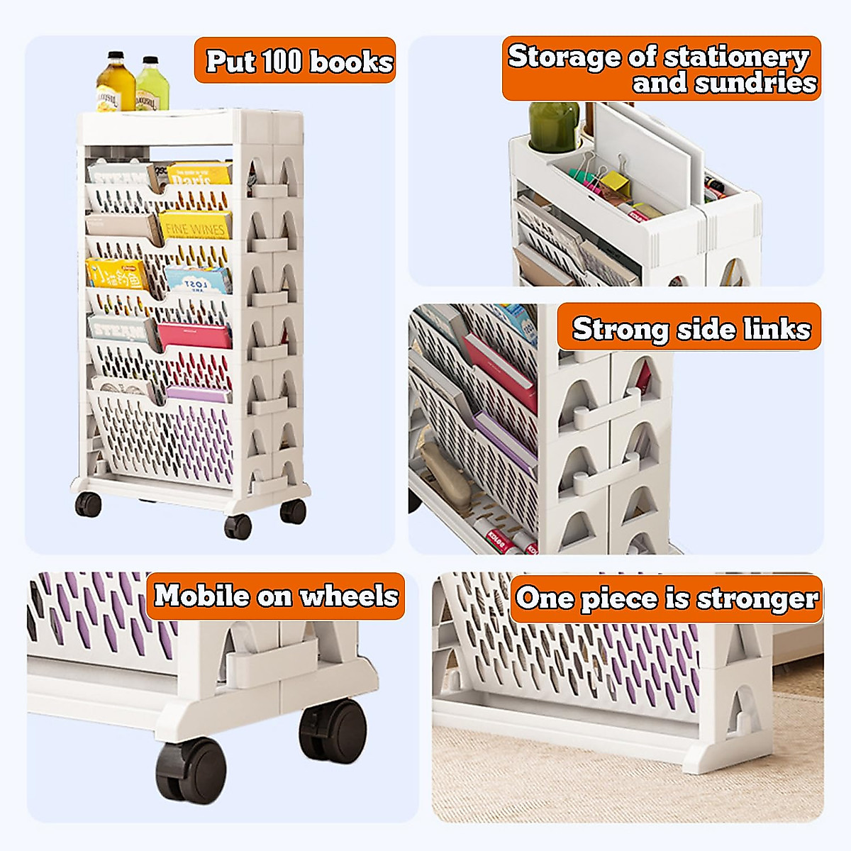 6 Tier Removable Movable Bookshelf, Mobile Unique Bookcase with Top partition Storage, Utility Organizer Green Bookshelves with Wheels for Students Study in Bedroom Living Room Home School,Green,70cm