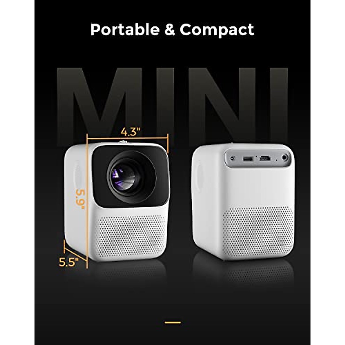 POKITTER Orca Mini Portable Projector with WiFi and Bluetooth, Android TV 9.0 with 5000+ Apps, 9000 Lumens, Native 1080P & 4K Supported, 4D Keystone Correction, 6W Speaker, 120" Image, HDR 10, T2 Max