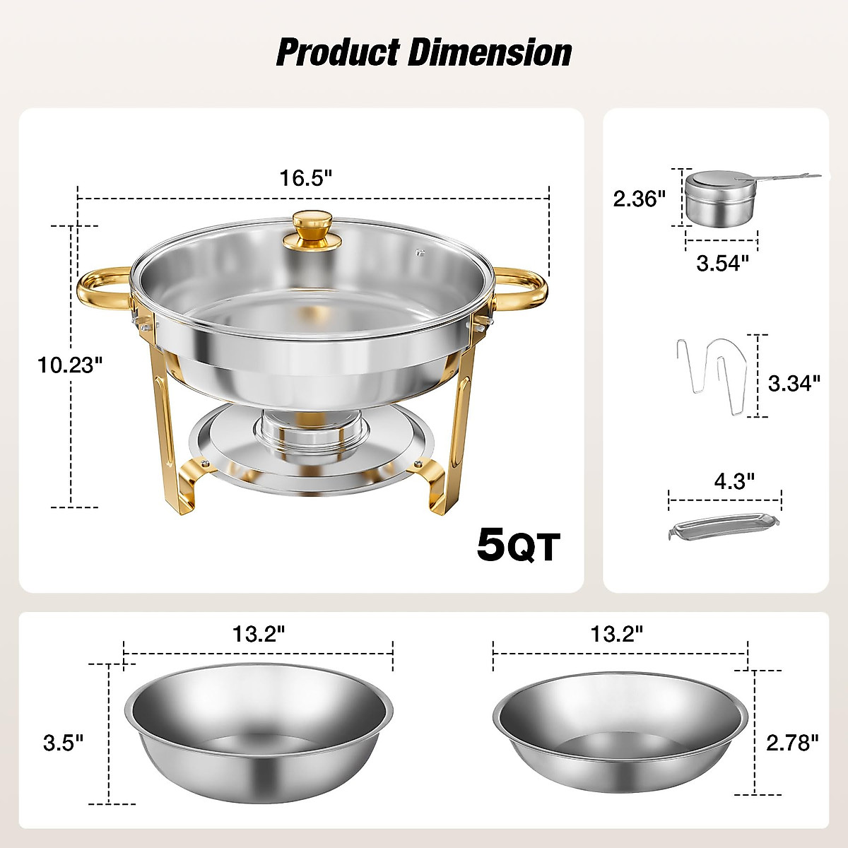WARMOUNTS Gold Chafing Dishes for Buffet, 5QT Round Chafing Dish Buffet Set w/Glass Lid & Lid Holder, Thickened Stainless Steel Chafers and Buffet Warmers Sets for Weddings, Events, Banquet (2)