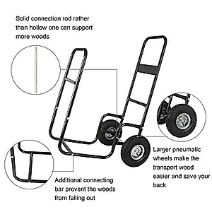 LEADALLWAY Firewood Cart Wood Hauler Fireplace Log Carrier Mover|Outdoor Indoor Heavy Duty Steel Firewood Storage Carrier Cart With 2 Pheumatic Wheels, Labour-Saving Wood Stove Accessories Tools