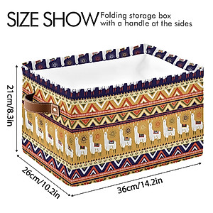 Large Storage Bin Llamas Geometrical Ornaments Cube Storage Basket Canvas Fabric Collapsible Organizer Handles Decorative for Toys Nursery Bedroom