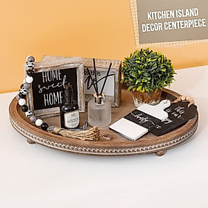 FESTWIND Decorative Tray, Oval Wooden Tray for Coffee Table Kitchen Dinning Table Entryway, Small Beaded Tray for Holidays, Wood Tray Distressed Brown