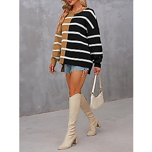 MEROKEETY Women's Fall Striped Oversized Pullover Sweaters 2024 Long Sleeve Color Block Casual Knit Tops, Brown, Large