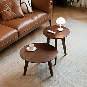 Grewood Round Coffee Table - 100% Solid Oak Wood Coffee Table with Three-Legged - Small End Table, Round Side Table for Living Room (Walnut Color)