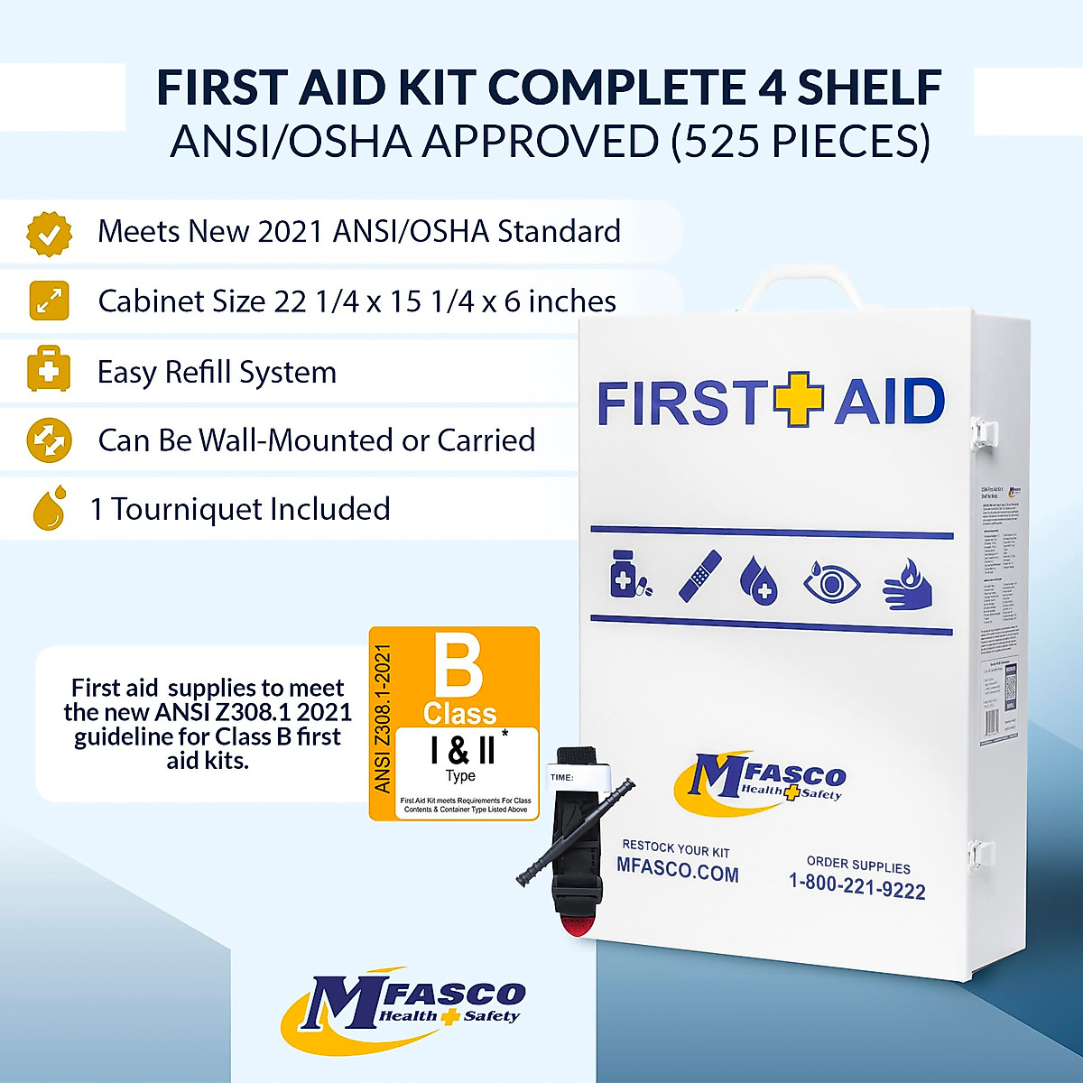 MFASCO Commercial First Aid Kit - Large 520 Piece, Metal First Aid Box for Businesses, Wall Mount First Aid Cabinet with 4 Shelf Refill, 2021 ANSI/OSHA Compliant, Ideal for Office Use - No Medications