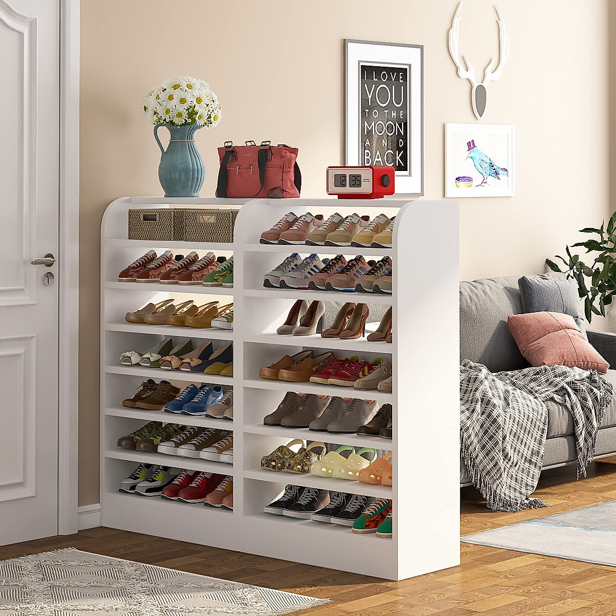 Tribesigns Shoe Rack, 8-Tier Tall Shoe Shelf, Wooden Shoe Storage Cabinet, White