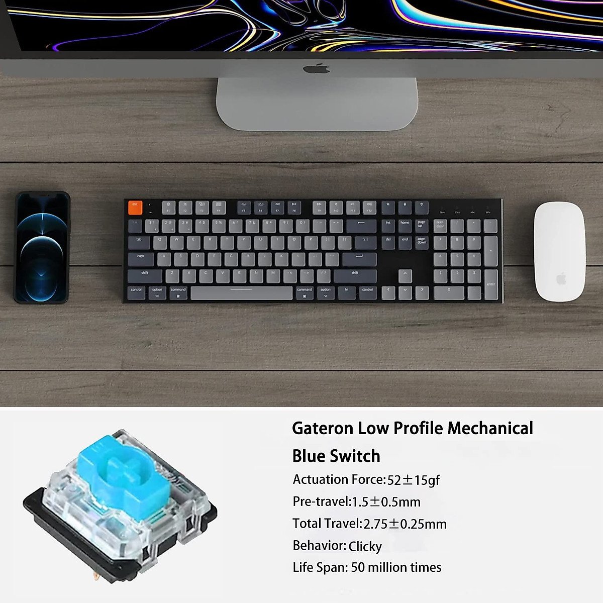 Keychron K5 Ultra-Slim Full Size Layout Wireless Bluetooth Gaming Mechanical Keyboard, 104 Keys White LED Backlight Wired Keyboard for Mac Windows, Low Profile Gateron Blue Switch