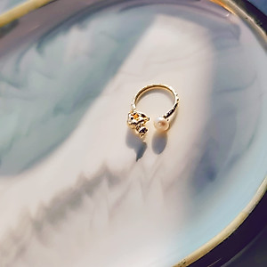 CCijiNG Christmas Pearl Ring for Women 14K Gold Plated Adjustable Open Wrap Ring Fashion Eternity Statement Jewelry for Christmas Gift（Cat Pearl）