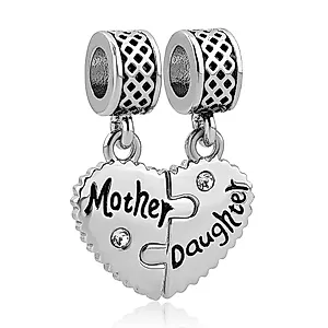 LovelyCharms Mother Daughter Heart Charm Set Dangle Bead Fits European Bracelets (Mother Daughter)