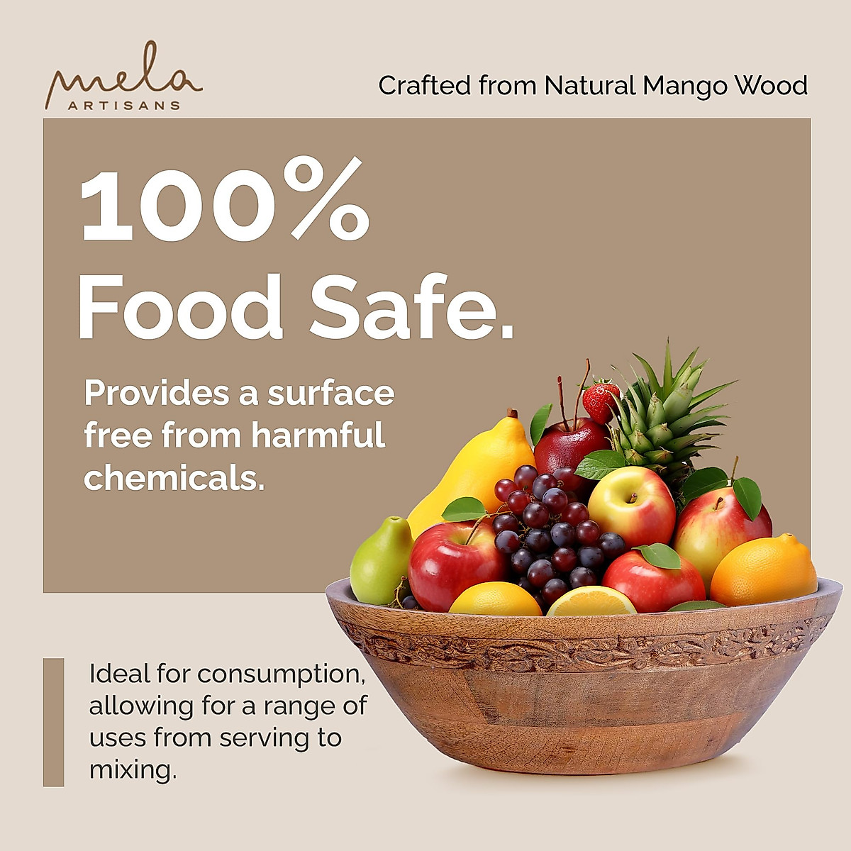 Jasmine Large Wooden Bowl (Medium Burnt, 12 x 4.5 x 11) – Mango Wood Decorative Bowl for Veggies, Fruits, & More – Handmade Wooden Serving Bowl w/ 3 Felt Pads - Modern Rustic Home Decorations