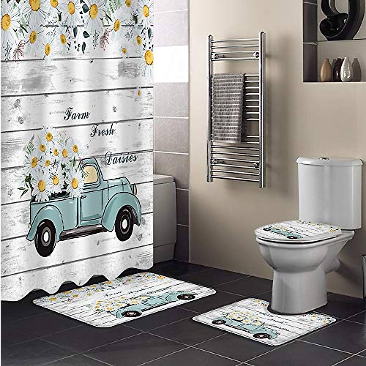 Xback 4 Piece Shower Curtain Sets for Bathroom, Farm Fresh Daisies Blue Truck Fresh Pastoral Style Retro Wood Board Machine Washable Bath Curtain with Non-Slip Rugs, Toilet Lid Cover and Bath Mat