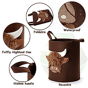 Eunikroko Highland Cow Felt Basket Brown Scottish Cattle Storage Bin Long Hair Farm Animal Laundry Organizer Decorative Portable Hamper Farmhouse Style Toys Holder with Handles Gift for Mom