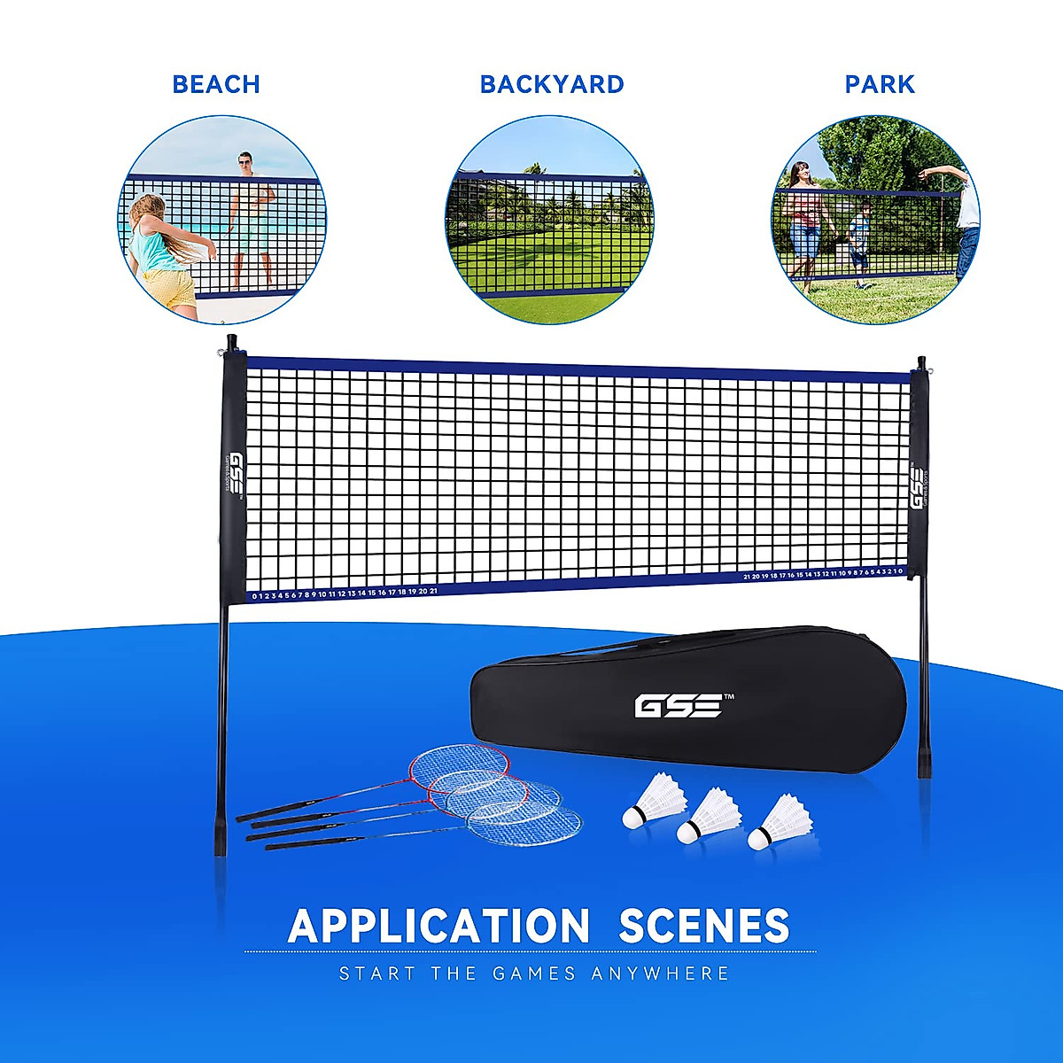 GSE Recreational Badminton Complete Set, Sports Outdoor Net Game Set Including 20'*2' Portable Badminton Net +4 Badminton Rackets+ 3 Shuttlecocks for 2-on-2 Games