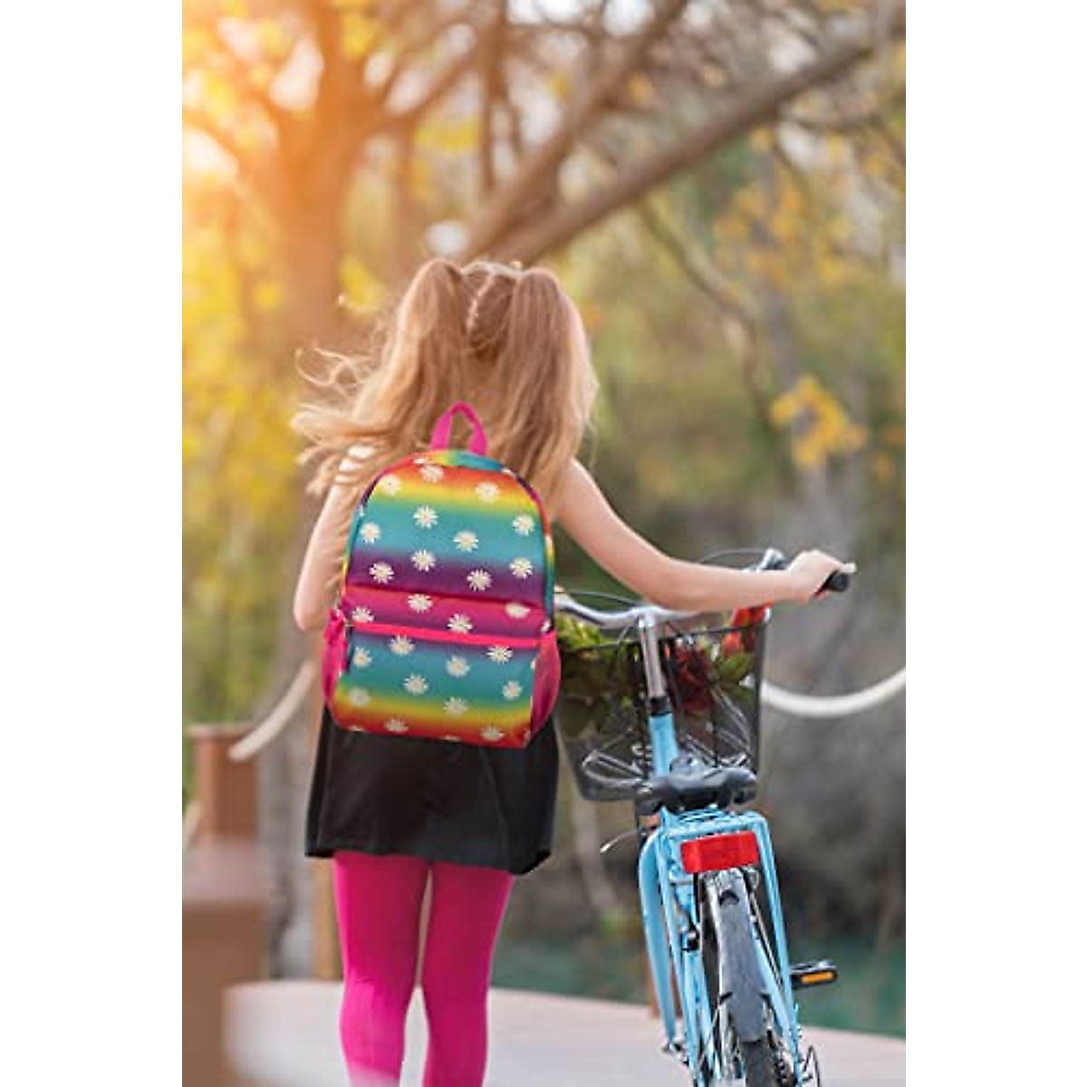 Trail maker 15 Inch Backpack for Boys Girls, Kids Backpacks for Preschool, Kindergarten, Elementary with Adjustable Padded Straps (Dancing Rainbow Daisies)