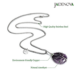 JADENOVA Natural Amethyst Necklace Healing Purple Crystal Necklaces for Women Tree of Family Pendant Family Tree Wire Wrapped Jewelry Energy Healing Teardrop pendant (24 Inches Stainless Steel Chain)