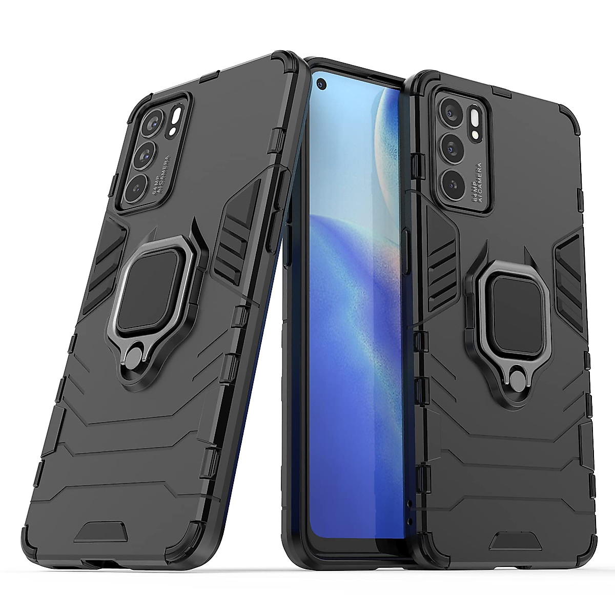 ZMONE Phone Case for Oppo Reno 6 5G Case with Glass Screen Protector [2 Pack] Heavy Duty Dual Layer Military Grade Shockproof Protective Cover with Magnetic Ring Kickstand - Black