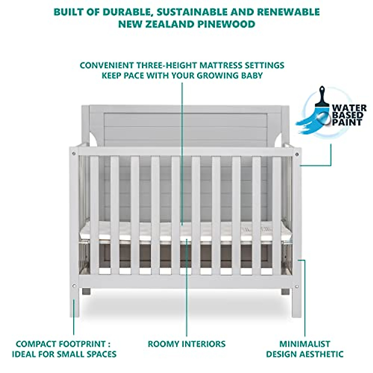 Dream On Me Bellport 4 in 1 Convertible Mini/Portable Crib in Pebble Grey, Non-Toxic Finish, Made of Sustainable New Zealand Pinewood, with 3 Mattress Height Settings