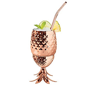 Oggi Stainless Steel Pineapple Cup with Straw & Lid- 12oz Copper Plated Metal Pineapple, Bar Accessories for Summer, Cocktail Cups Make Great Drinking Gifts