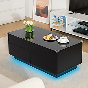 HOMMPA 40'' Lift Top Coffee Table for Living Room, Black Coffee Tables with Storage, LED Modern Coffee Table Rectangular Black Gloss, Flip Top Center Table with 2 Drawers and Hidden Compartment
