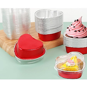 Aluminum Foil Cupcake Cup with Lids (40 Packs,3.4oz) Heart Shaped Cake Pans - Disposable Mini Cupcake Cup Flan Baking Cups for Valentine Mother's Day Wedding Xmas Birthday