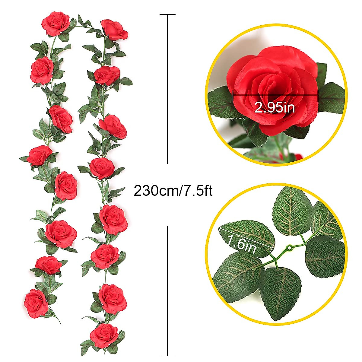 Yebazy 2PCS(15FT) Rose Garland Red Roses Vine Artificial Flowers Plants for Hotel Wedding Home Party Garden Craft Art Decor (Red)