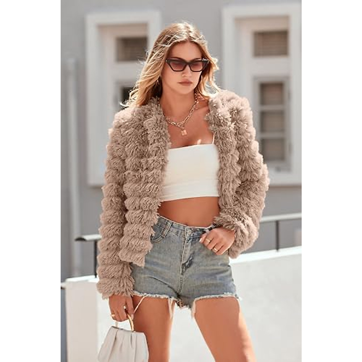 PRETTYGARDEN Womens Winter Coats Fashion Faux Fur Long Sleeve Fleece Shaggy Lightweight Fall Cropped Jacket Outerwear (Dark Khaki,Medium)