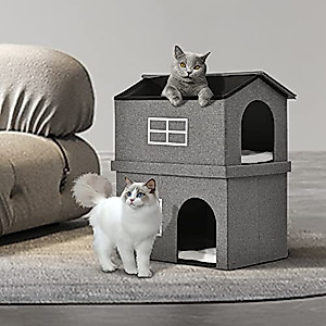 APEXCHASER 2-Tier Cat House, Large Fabric Cubes for Pets Collapsible Warm Cat Condo for Indoor, Cat Shelter with Removable Mat, Easy to Assemble and Storage