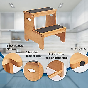 Wooden Step Stool Kids Toddler Foot Stools for Kids Potty Training Stool 2 Step Stool for Kitchen Sink Bathroom Two Step Stool with Handle Natural