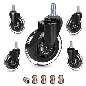 8T8 3" Office Chair Caster Wheels Heavy Duty, Set of 5, 3/8"-16x1" (Not Metric M10), Threaded Stem Casters with Set Screw, Replacement PU Rubber Wheels, Safe for Hardwood Tile Floors