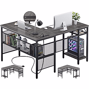 Unikito L Shaped Corner Computer Desk with USB Charging Port and Power Outlet, Storage Shelves, Reversible, Industrial 2 Person Gaming Table Modern Home Office Desks, White Oak