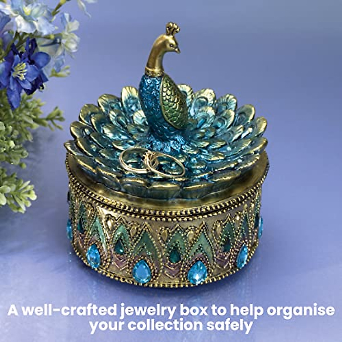 Bits and Pieces - Peacock Keepsake Box - Peacock Art - Golden Jewelry Box