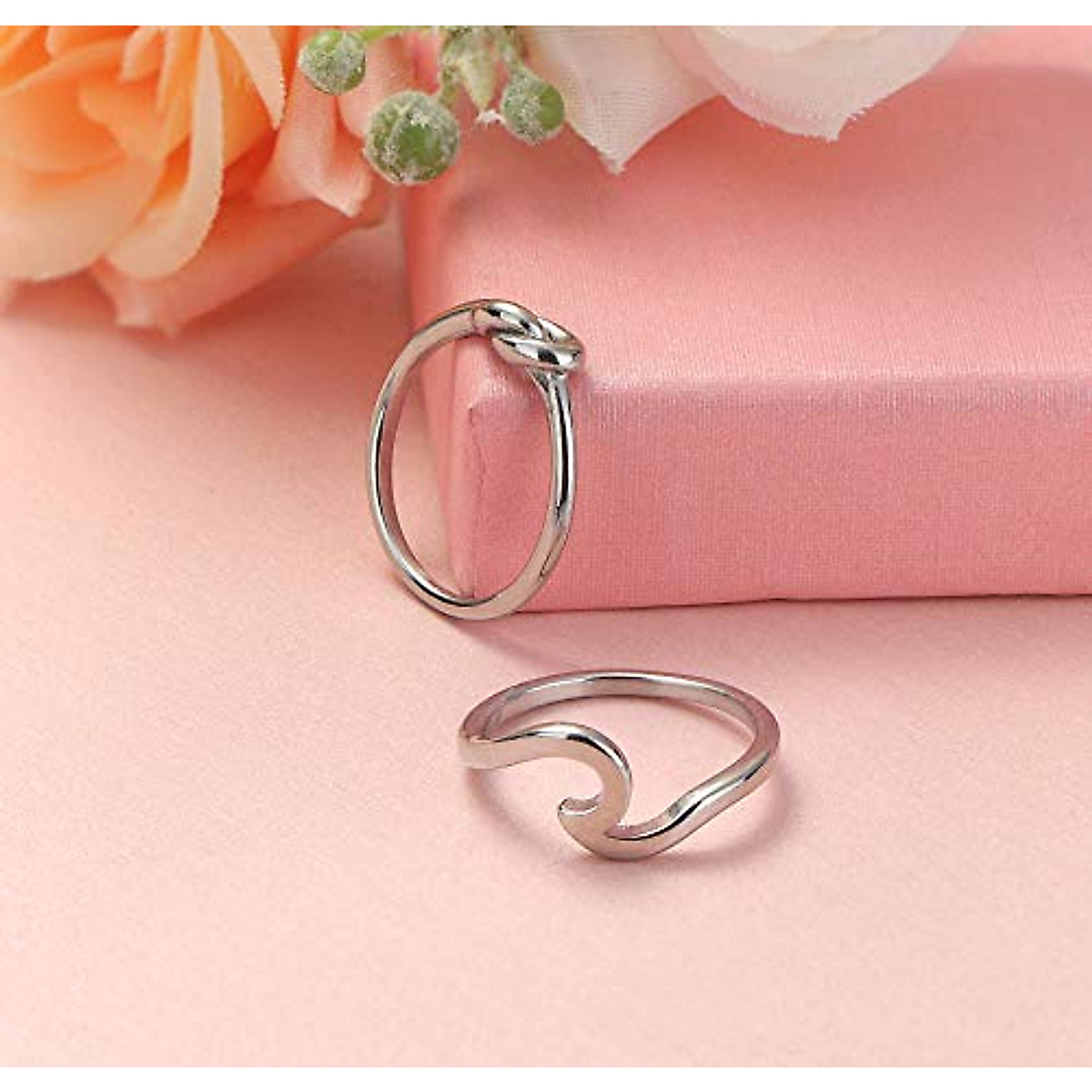 ORAZIO 4 Pcs Silver Wave Rings for Women Twist Knot Band Stackable Rings Stainless Steel Simple Thumb Cute Love Rose Gold Rings Set