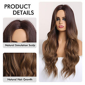 topshe Brown with Highlights Synthetic Wigs Middle Part Long Wavy Wigs with Dark Roots Womens Natural Heat Resistant Hair