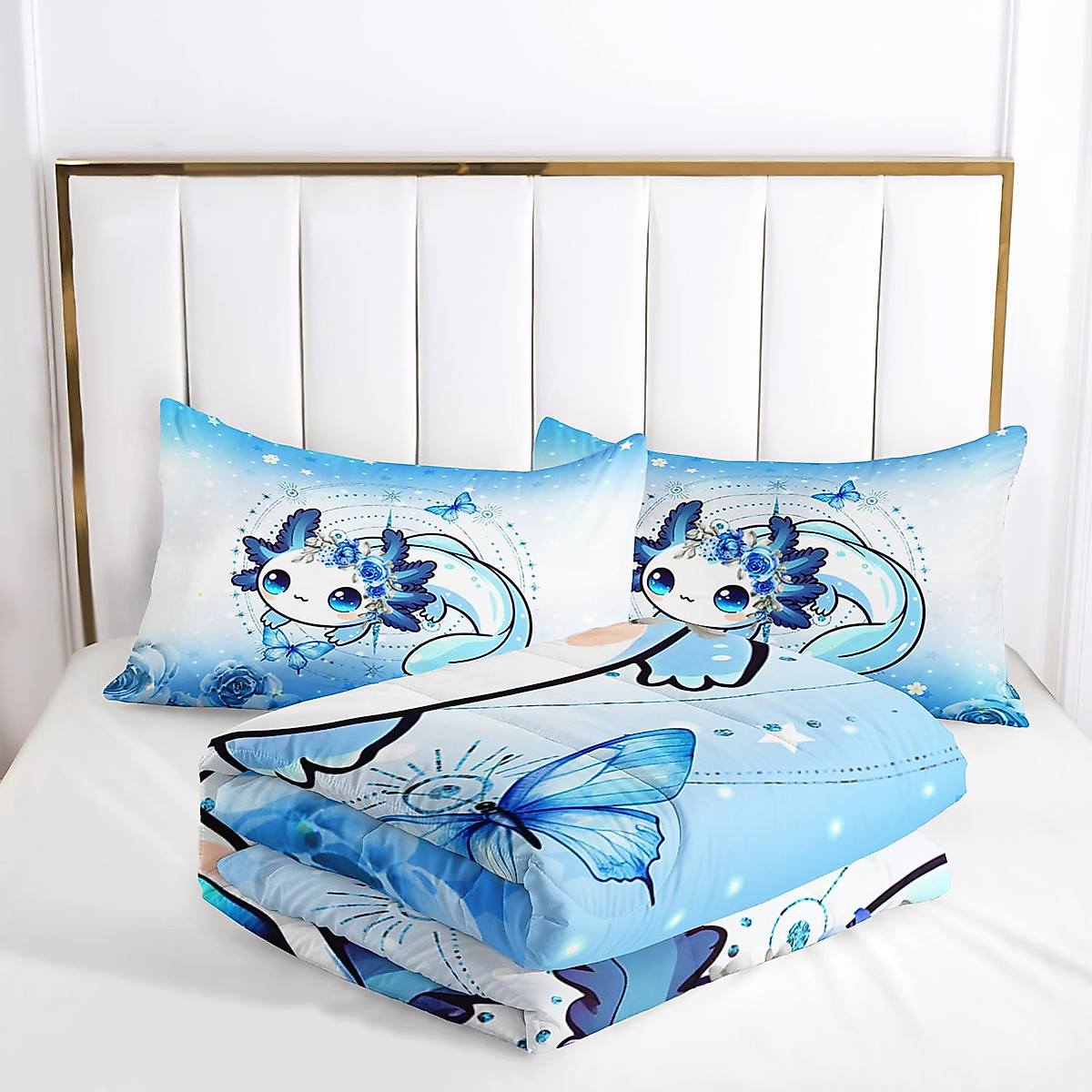 AILONEN Cartoon Axolotl Kids Comforter Set Queen Size, Blue Axolotl Printed Kawaii Bedding Set Girls Bed in a Bag 3 Pieces,Wildlife Animals Axolotl Salamander Comforter with 2 Pillowcases