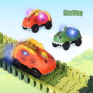 Track Car Replacement Only,LED Light Up Dinosaur Cars Compatible with Most Tracks,Dino Cars Accessories for Race Track Sets(2 Pack)