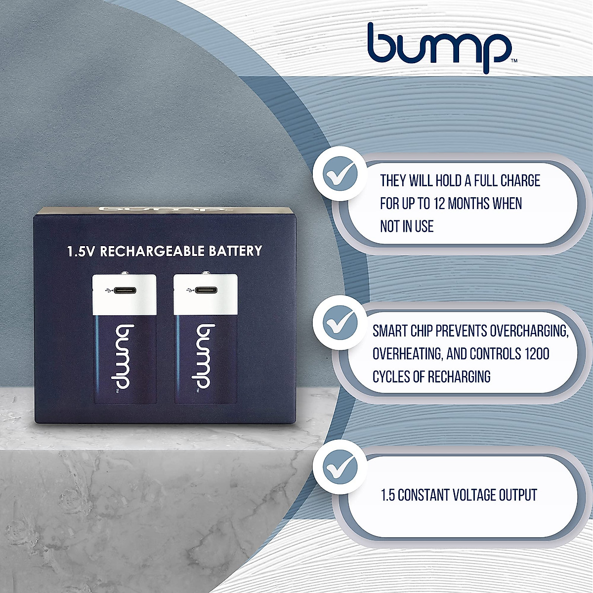 bump D 1.5V Rechargeable Batteries - 2 Pack - Lithium Ion, 12000 mWh, Fast & Long Lasting USB-C Charge, Use in Flashlights, Devices w/Extended Running Time Requirements, Charger Cable Included