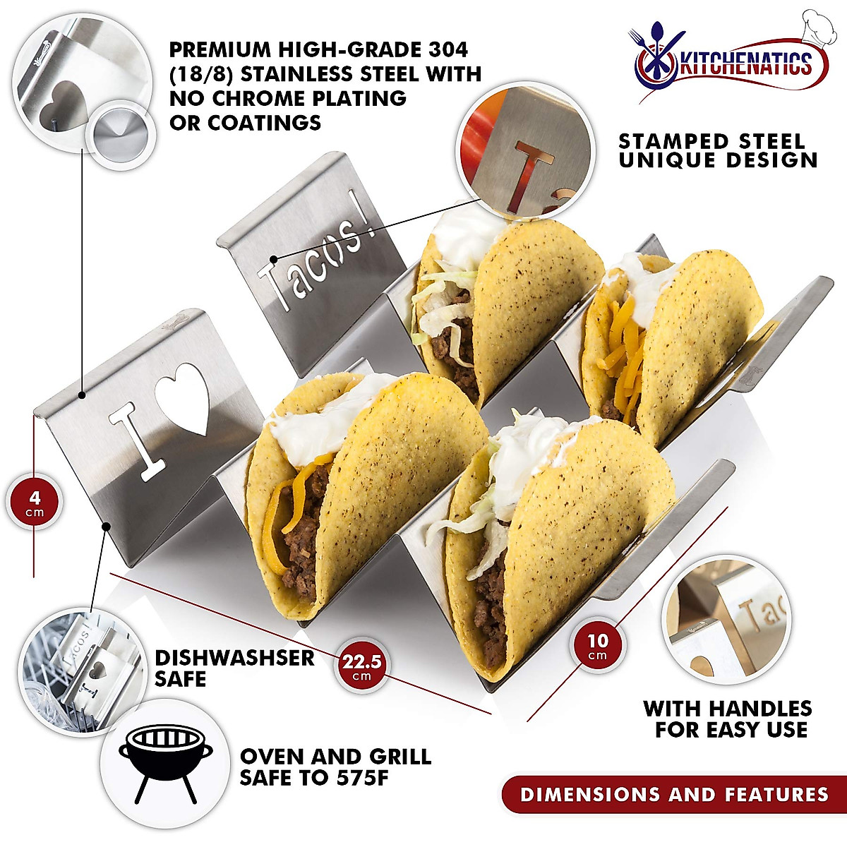 KITCHENATICS Stainless Steel Taco Holder Taco Stand - Metal Taco Tray Holders For Serving Tacos, Taco Plates, Taco Shell Mold - Grill, Oven &amp; Dishwasher Safe Taco Holder Stand - Taco Holders Set of 4