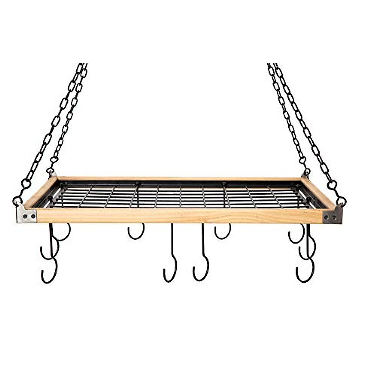 SODUKU Pot Pan Rack with Shelf Grid, Ceiling Mounted Hanging Multi-Purpose Wood & Metal Cookware Hanger Organizer Kitchen Storage with 10 Hooks