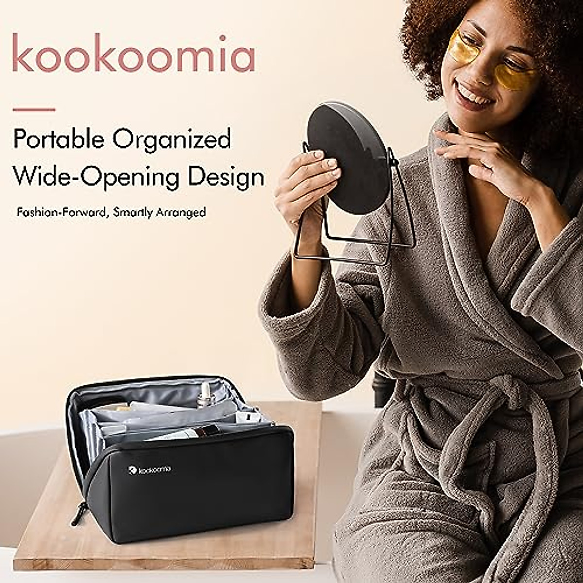 kookoomia Travel Makeup Bag, Cosmetic Bags for Women, Large Capacity Make Up Organizer Waterproof Toiletry Bag Portable Pouch Lay Flat Divider Handle