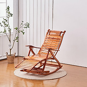 MOOTEK Folding Bamboo Rocking Chair, Old Man Lunch Break Solid Wood Lounge Chair, 5 Adjustable Back Chairs, with Armrest Foot Massage Pillow, Portable Outdoor Beach Terrace Chair