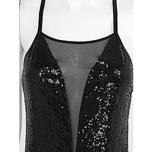 WinChang Womens Mesh Splice Sequin Leotard with Fringe for Latin Dance Gymnastics Bodysuit Black A Small